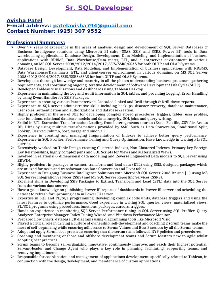 SR SQL Developer Resume Template | PDF | Databases | Microsoft Sql Server