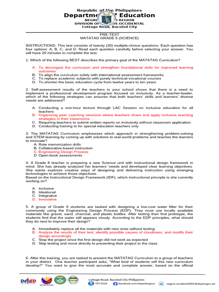 Pre Test Matatag Science Grade 5 With Key Answer | PDF | Curriculum ...