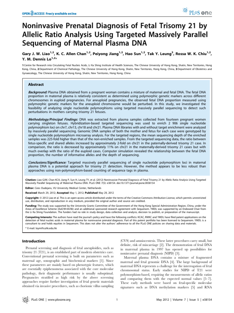 Noninvasive Prenatal Diagnosis of Fetal Trisomy 21 by Allelic Ratio ...