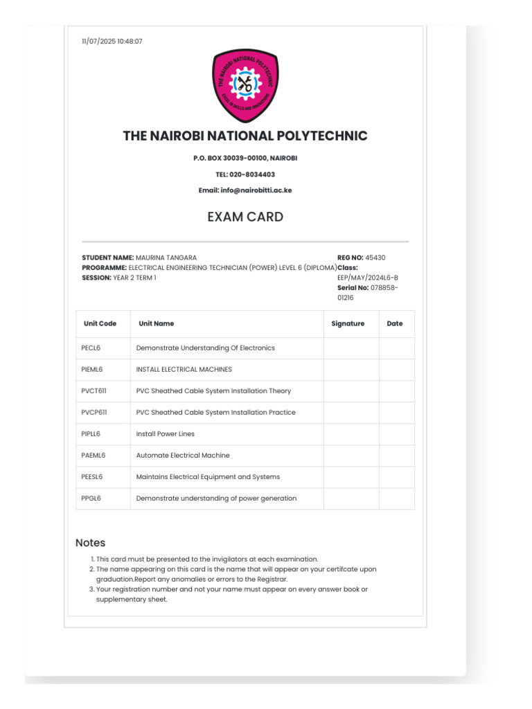 Nairobi Polytechnic Exam Card: Maurina Tangara | PDF