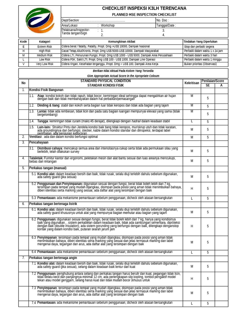 Checklist Inspeksi K3LH Terencana | PDF