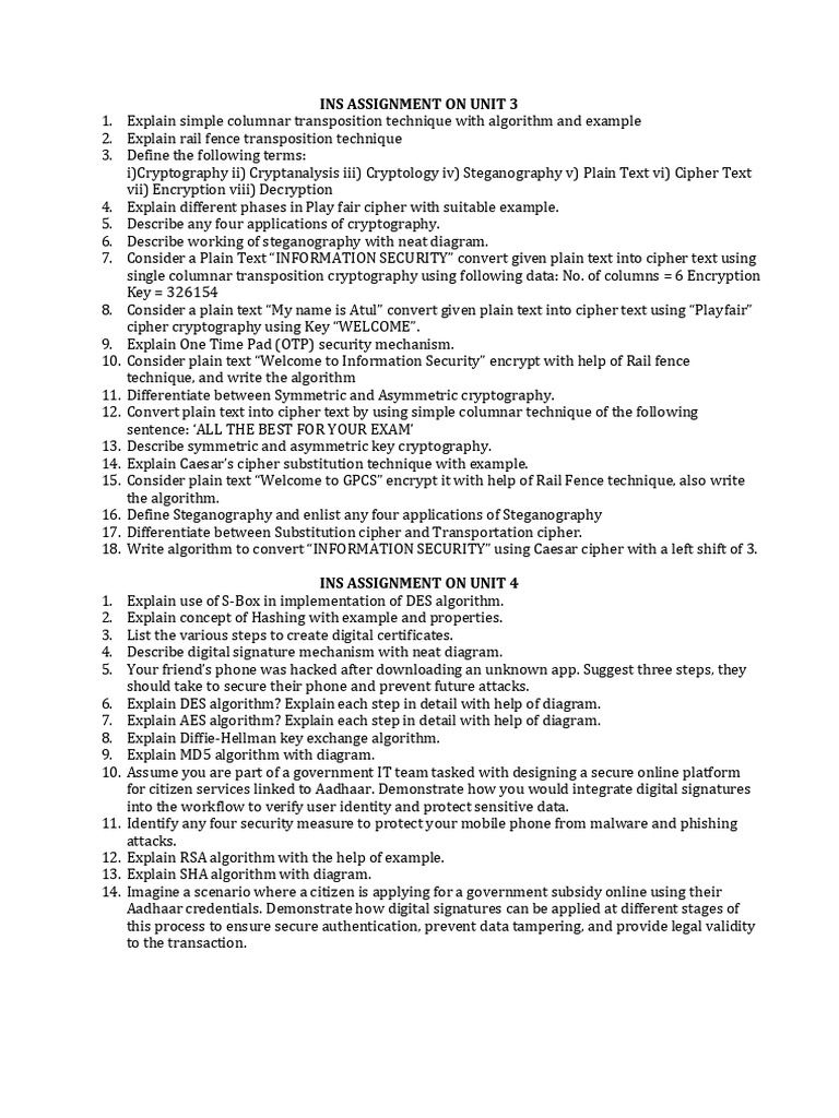 INS Assignment Unit 3 and Unit 4 | PDF | Cryptography | Cipher