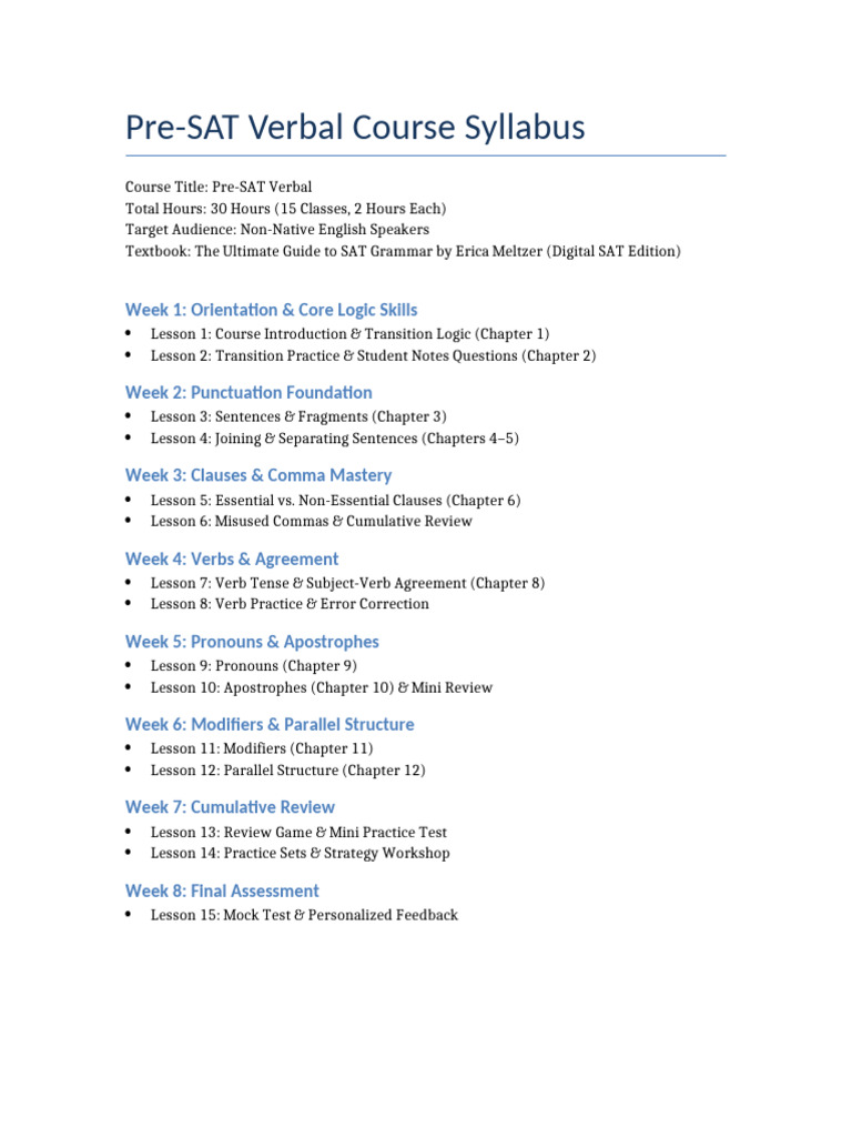 Pre-SAT Verbal Course Syllabus | PDF