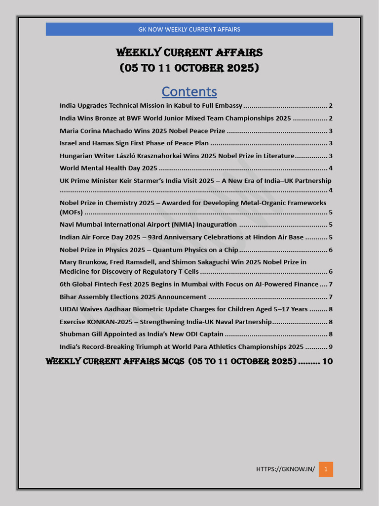 Weekly Current Affairs: Oct 5-11, 2025 | PDF