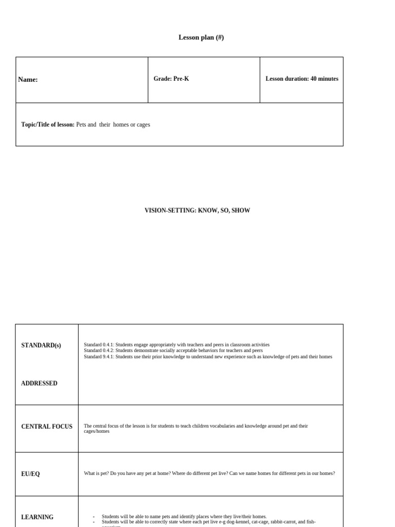 Pre-K Lesson Plan: Pets and Their Homes | PDF | Educational Assessment ...