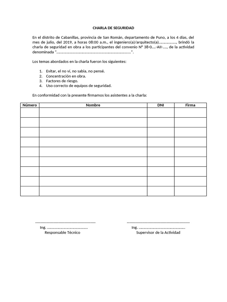 Modelo de Acta de Charla de Seguridad | PDF