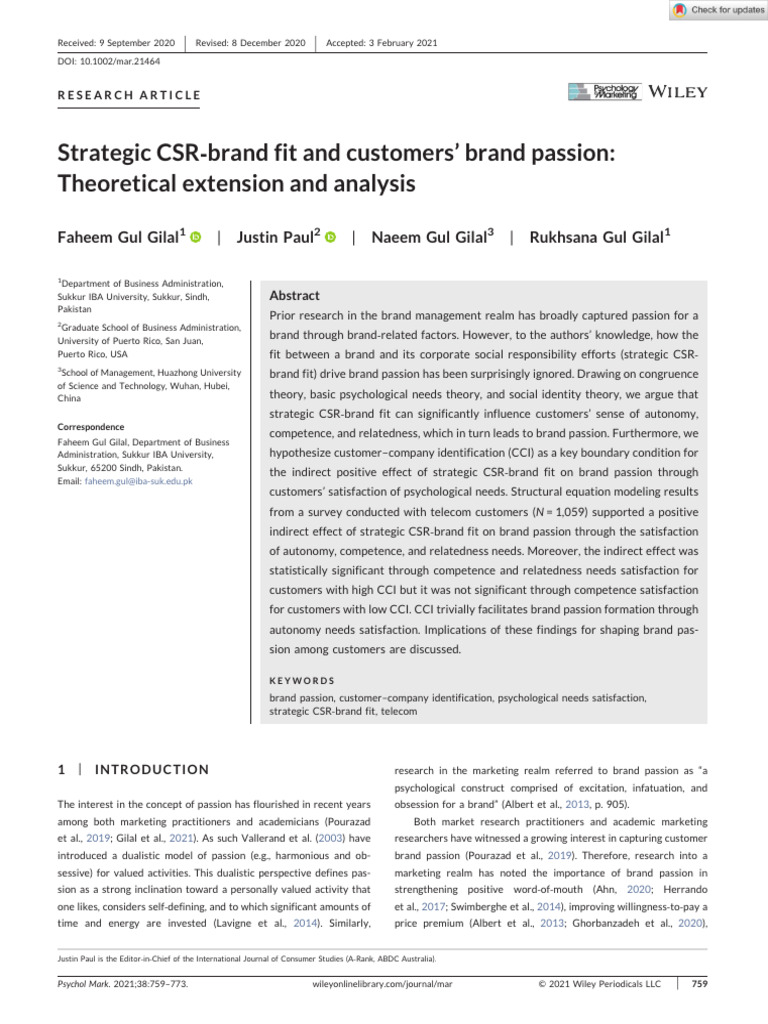 H2.2 Strategic CSR-brand Fit and Customers' Brand Passion - Theoretical ...