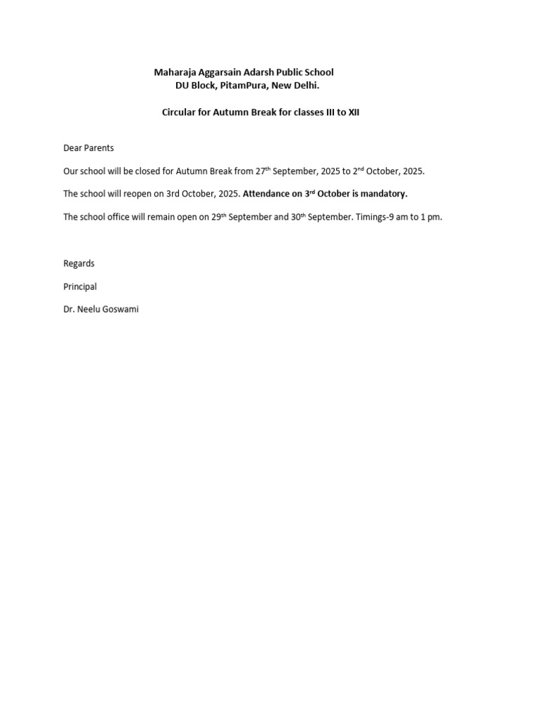 Circular For Autumn Break | PDF