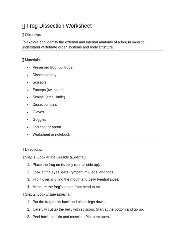 Frog Dissection Worksheet Guide | PDF