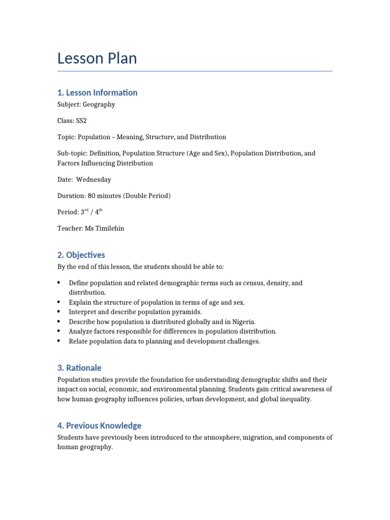 Geography Lesson Plan: Population Study | PDF | Demography | Geography