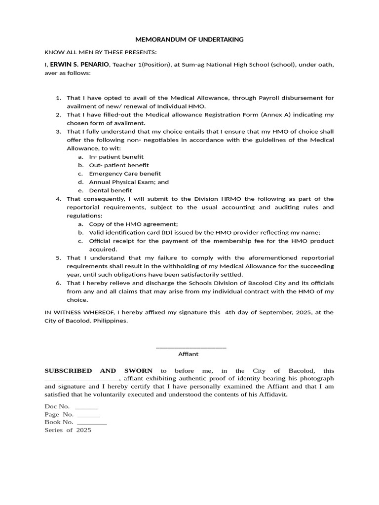Memorandum of Undertaking Medical Allowance | PDF