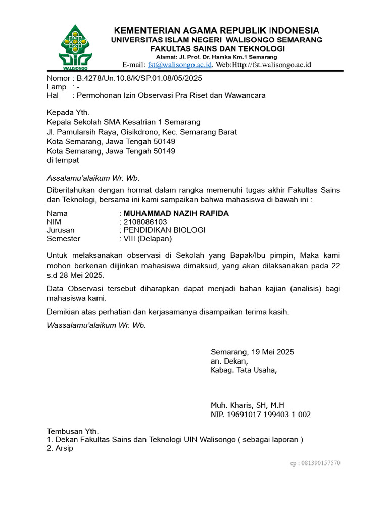 Surat Pra Riset Muhammad Nazih Rafida | PDF
