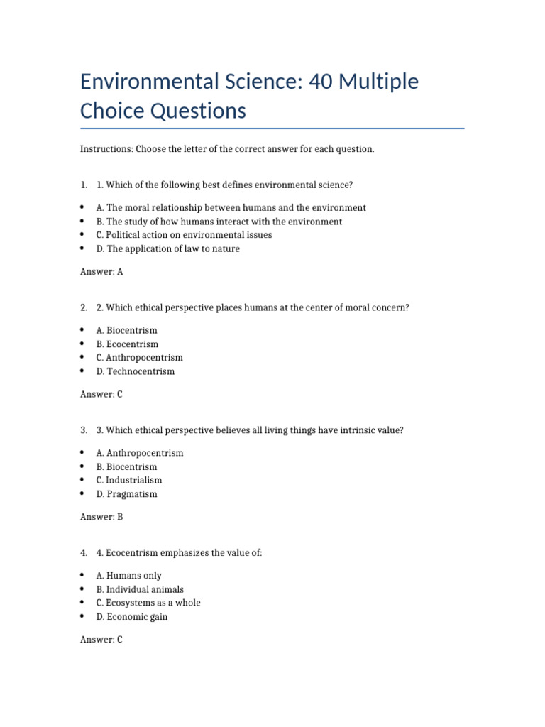 Environmental Science Multiple Choice Questions | PDF