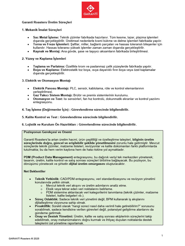 GARANTİ Roasters Case Study Assignment - Ek 1 | PDF