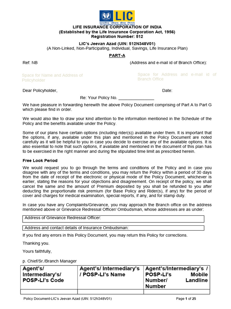 Policy Document LIC S Jeevan Azad 868 512N348V01 | PDF | Insurance ...