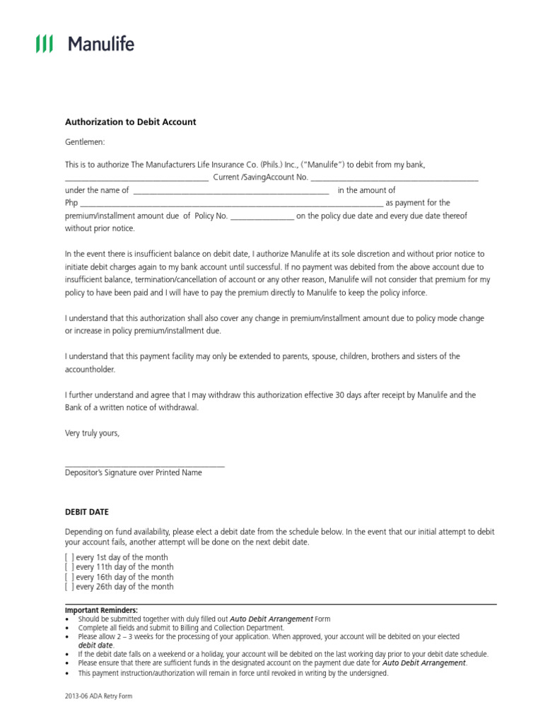 Auto Debit Authorization for Insurance Payments | PDF | Debit Card ...
