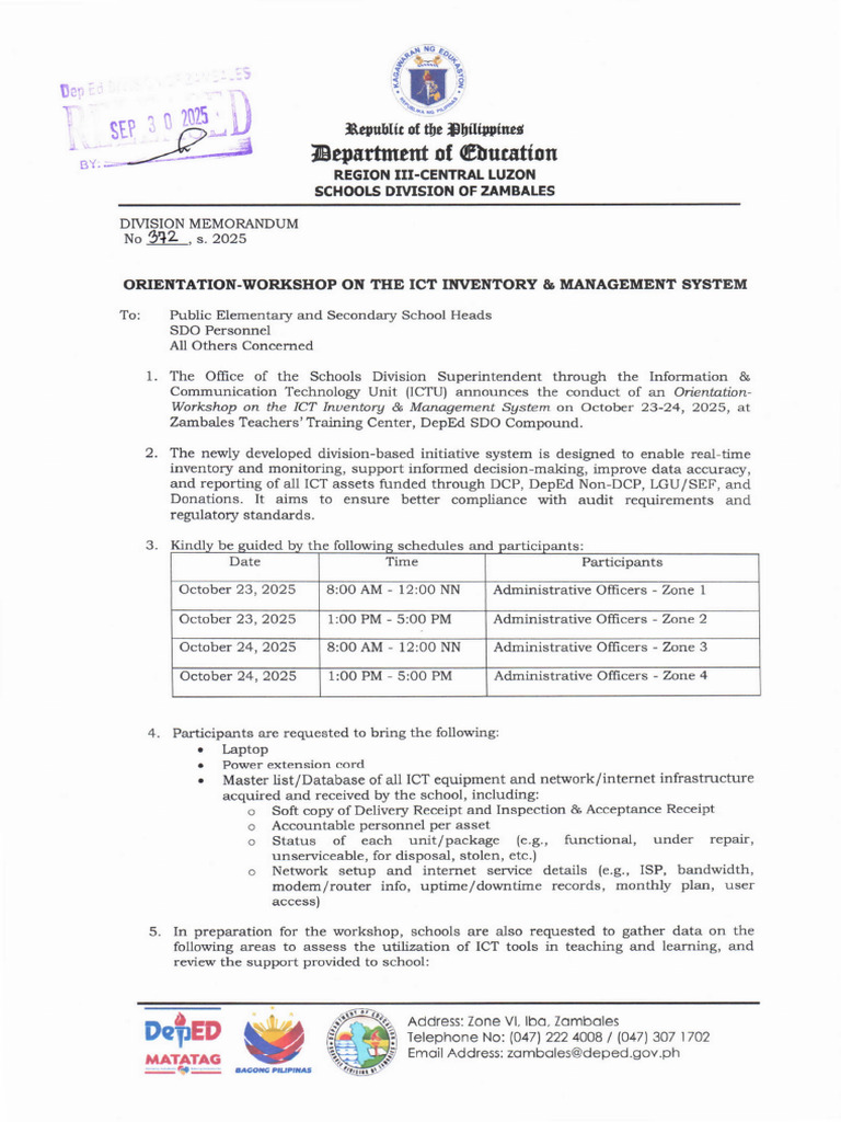 DM No. 372 S. 2025 Orientation Workshop On The ICT Inventory Management System | PDF ...
