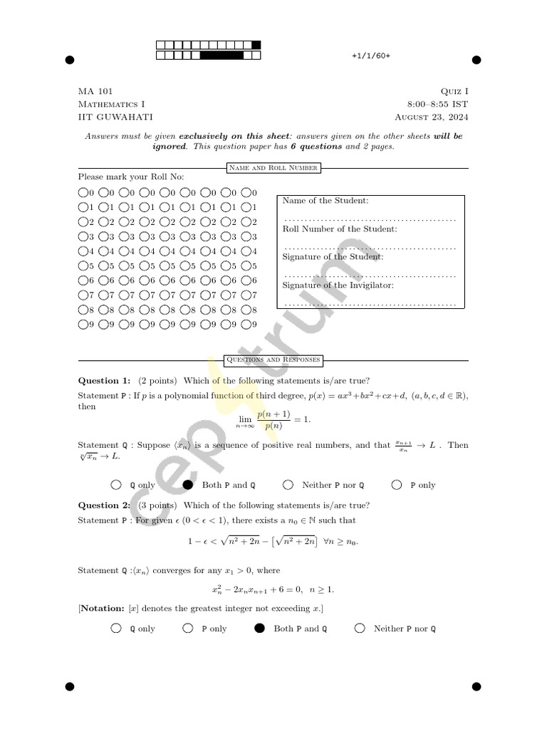 MA 101 Quiz I Answer Key | PDF | Sequence | Real Number