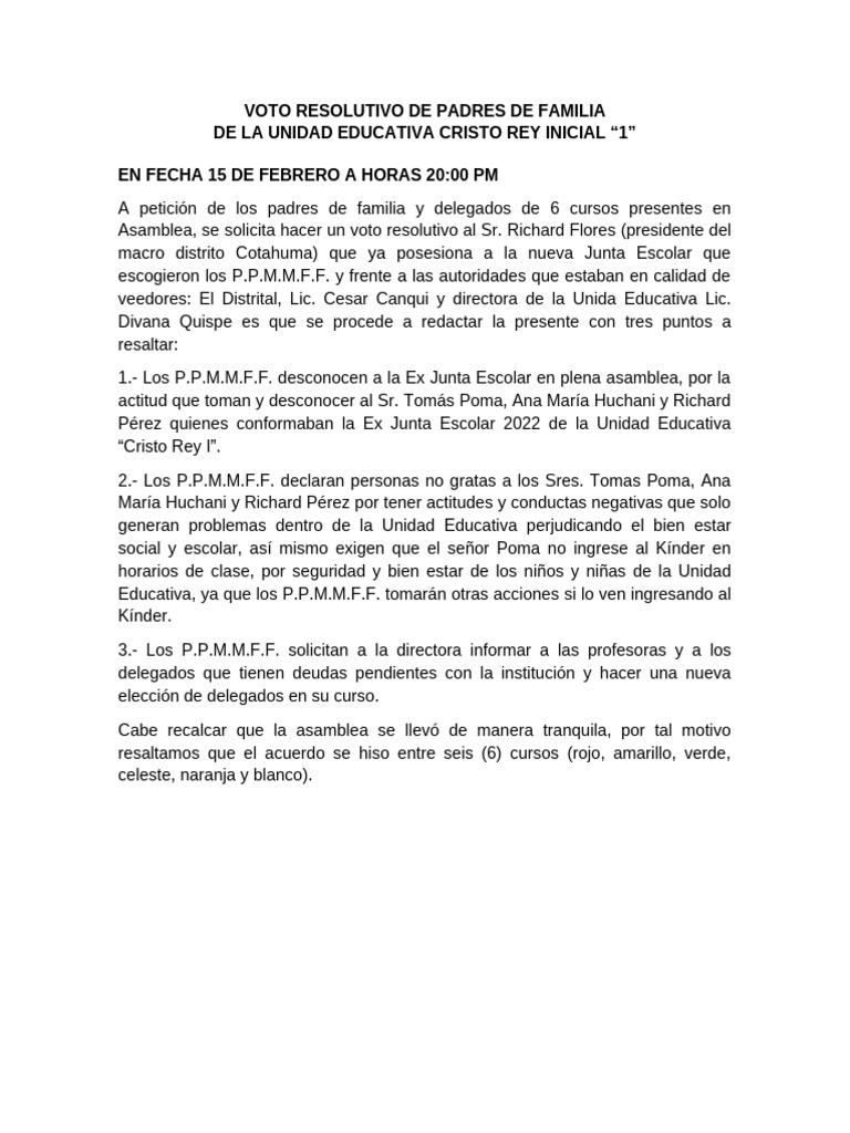 Voto Resolutivo de Padres en Cristo Rey | PDF