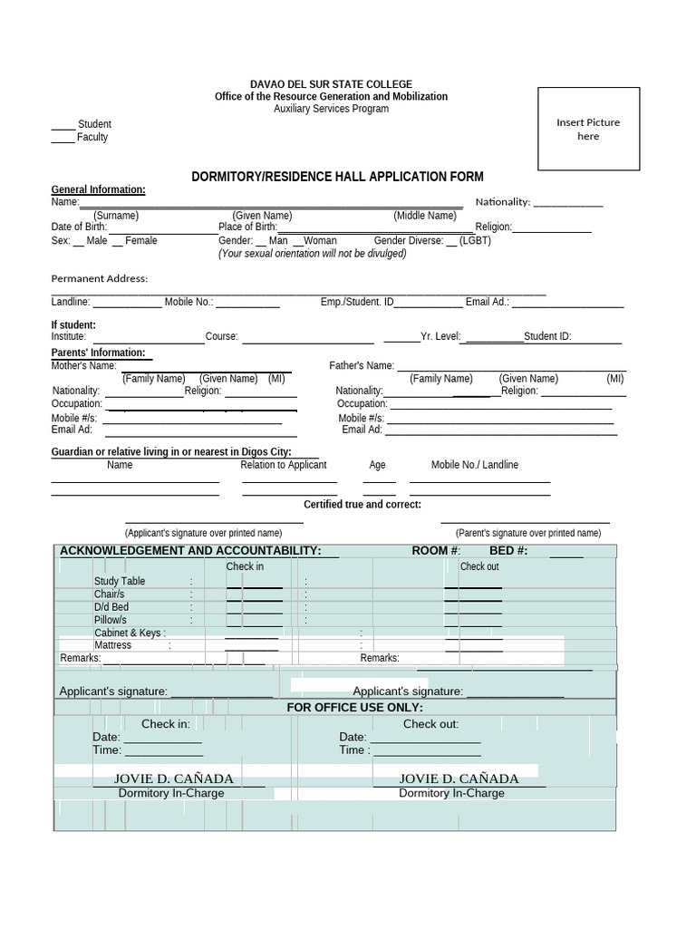 DSSC DOrm Application Form 1 | PDF | Dormitory | Human Sexuality