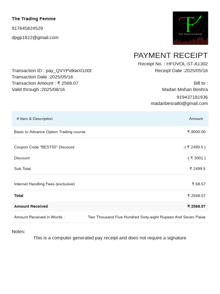 Payment Receipt for Trading Course | PDF