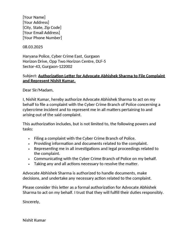 Authorization Letter for Cyber Crime Advocate | PDF