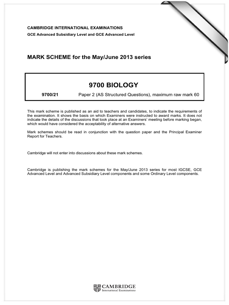 9700 BIOLOGY: MARK SCHEME For The May/June 2013 Series | PDF | Cell ...