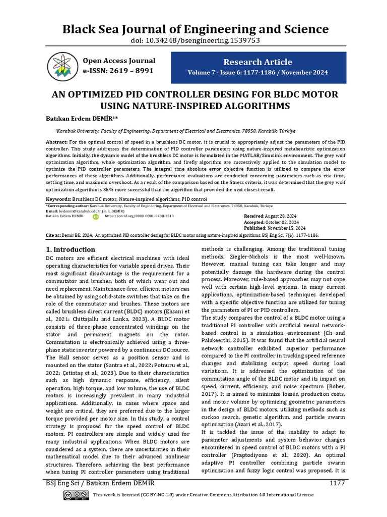 An Optimized PID Controller Desing For BLDC Motor Using Nature-Inspired Algorithms | PDF ...