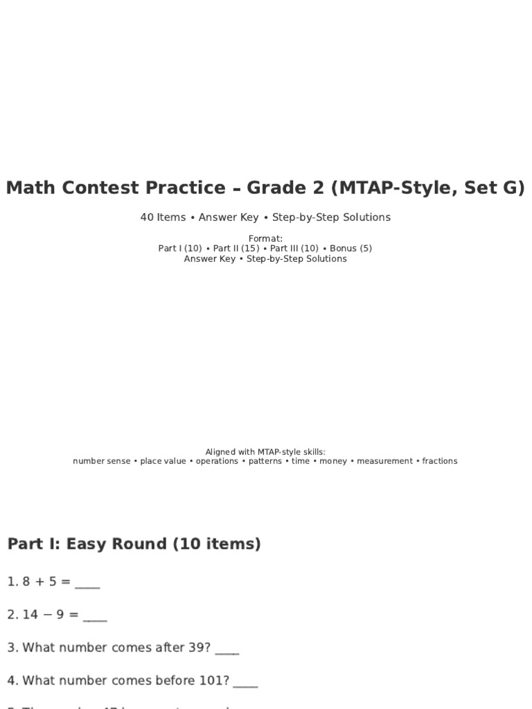 Grade 2 Math Contest Practice Set G | PDF