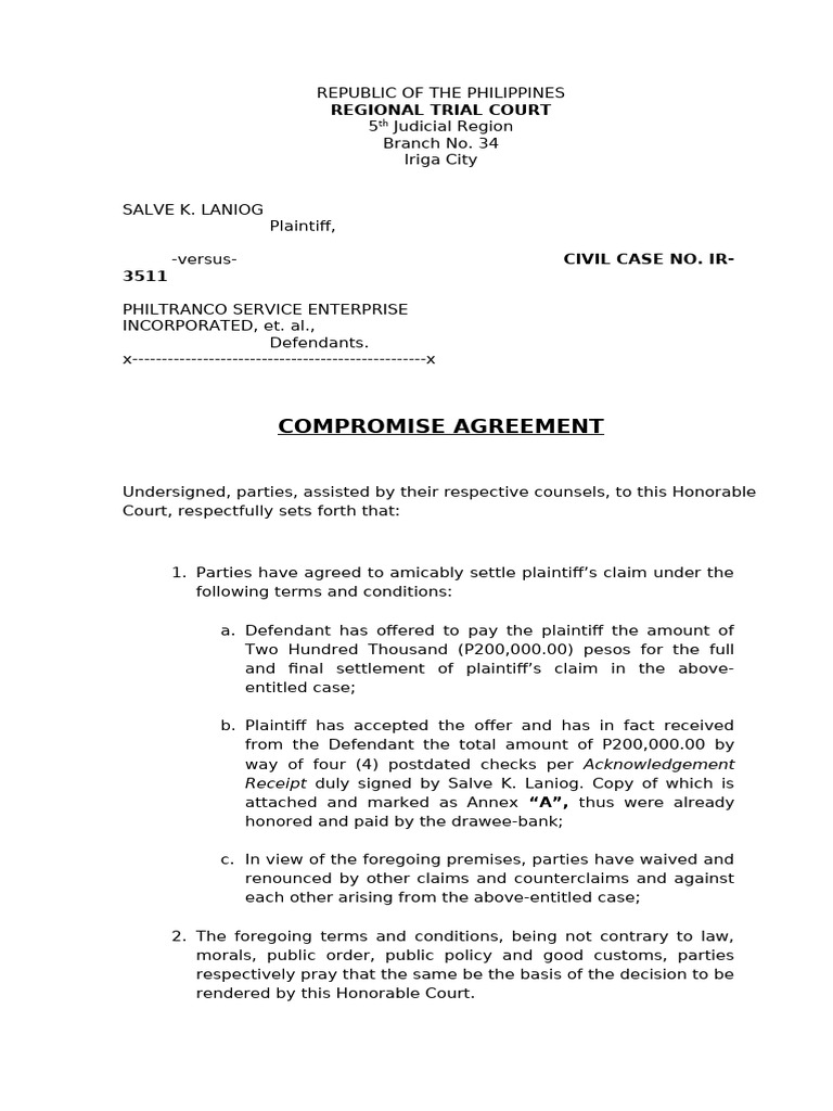 Compromise Agreement in Civil Case IR-3511 | PDF | Lawsuit | Judiciaries