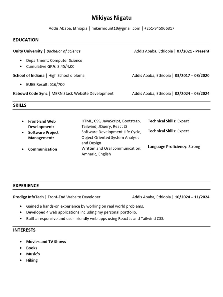 Mikiyas Nigatu: Web Developer Resume | PDF
