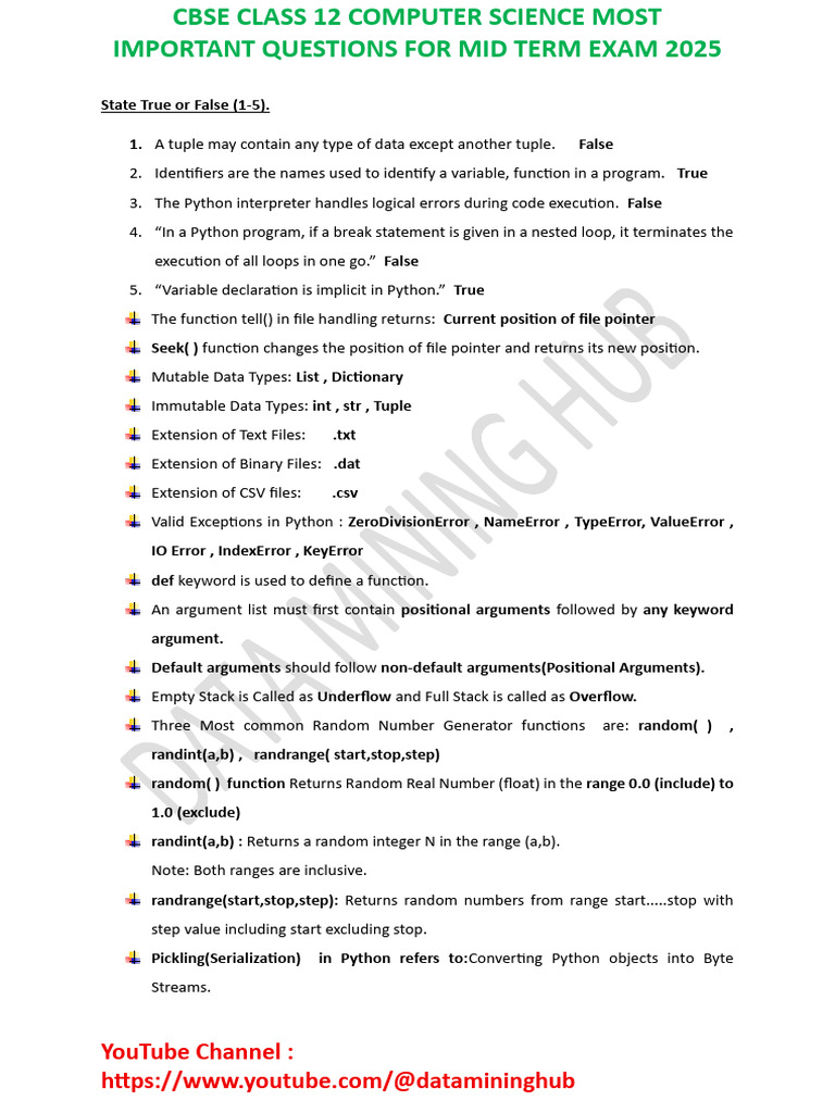 Important Questions For Class 12 Computer Science | PDF | Parameter (Computer Programming ...