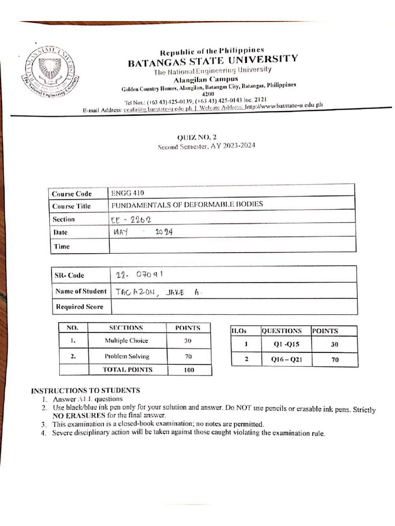 Tacazon Quiz No. 2 Engg 410 | PDF