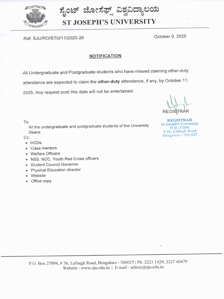 Notice - Attendance - Other Duty - Deadline October 11, 2025 | PDF