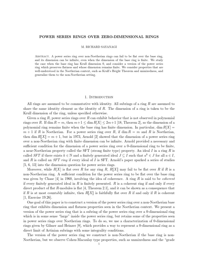 Power Series Rings Over Zero-Dimensional Rings: R R R R R R M M R X M R ...