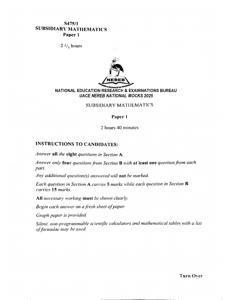 Sub Math Nereb Mocks 2025 | PDF