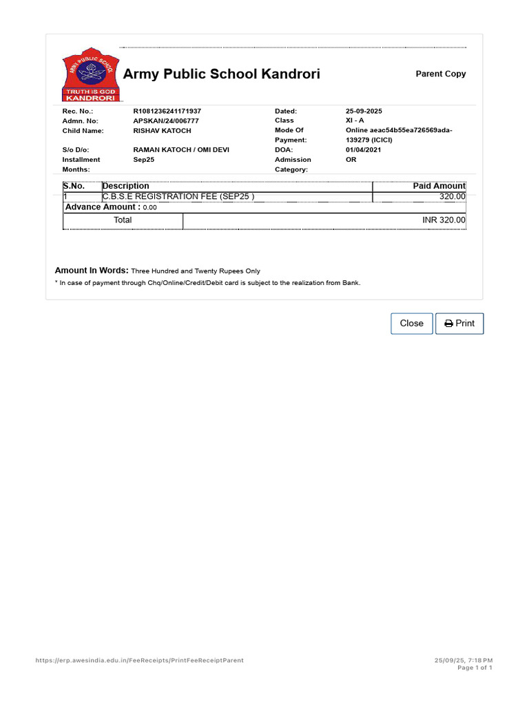 Fee Receipt for Rishav Katoch - APS Kandrori | PDF