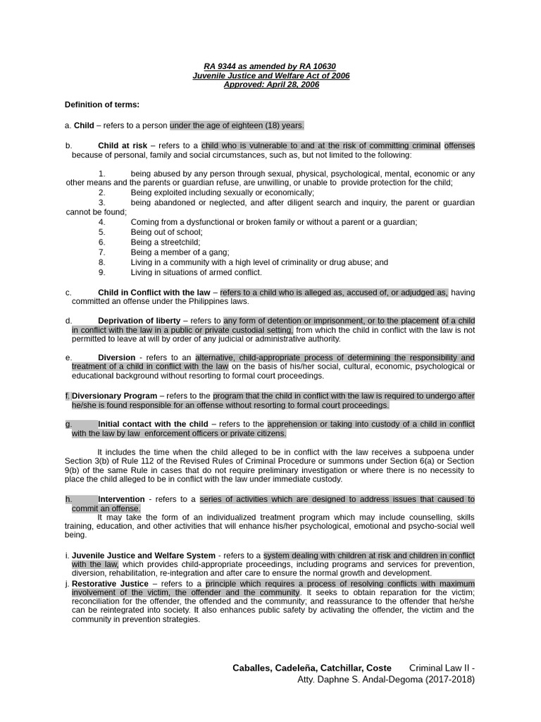 RA 9344 As Amended by RA 10630 Handouts | PDF | Crimes | Crime & Violence
