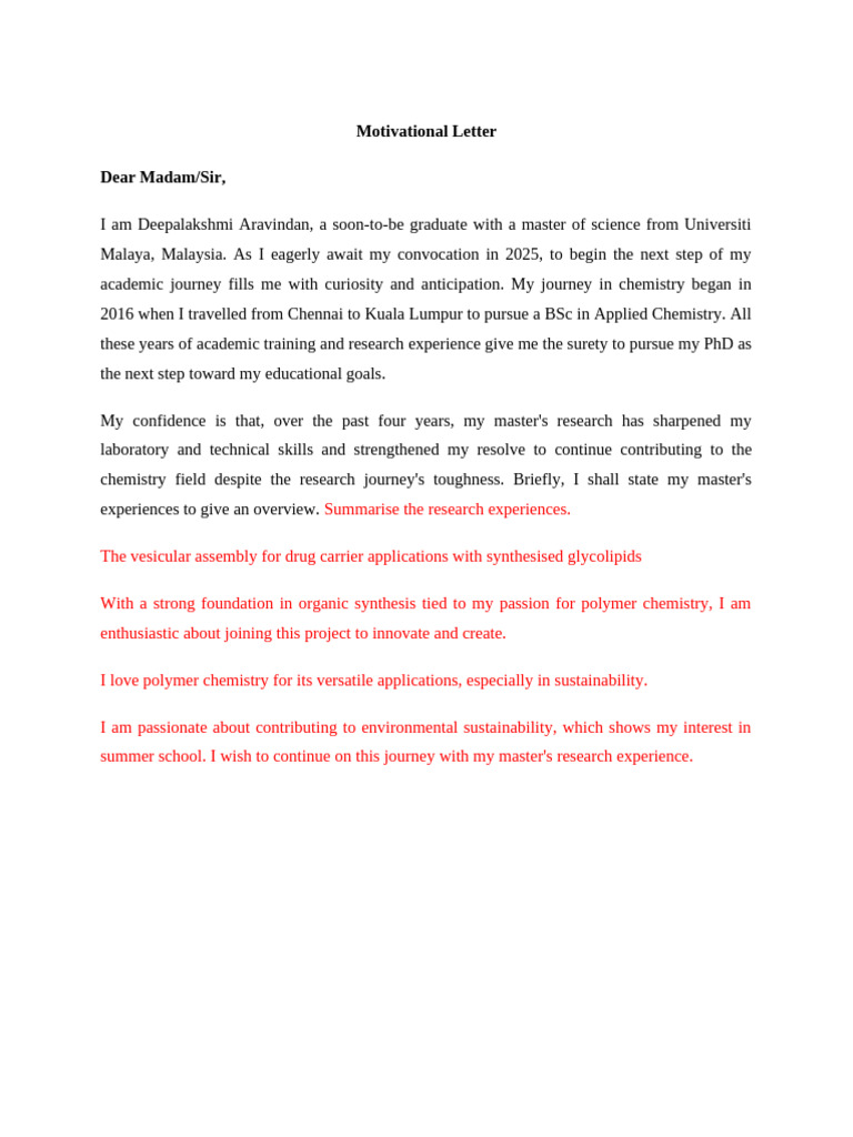 Motivational Letter - The Synthesis of Sustainable and Reversible ...