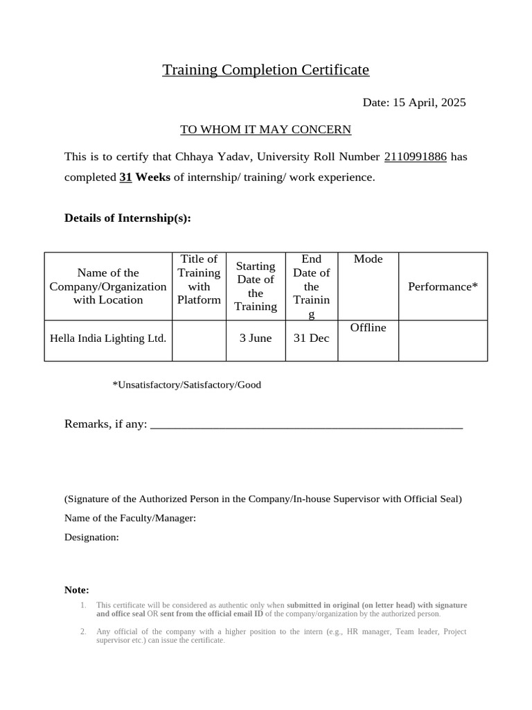 Training Completion Certificate Sample | PDF