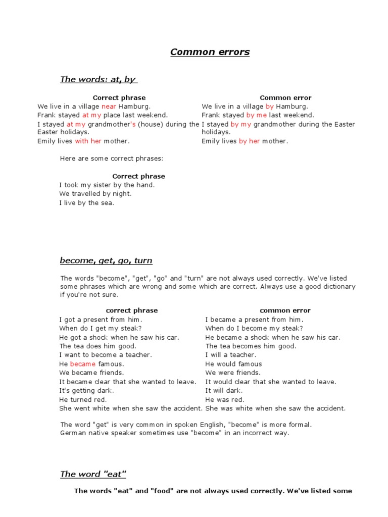 Common Errors: The Words: At, by | PDF | Adverb | Verb