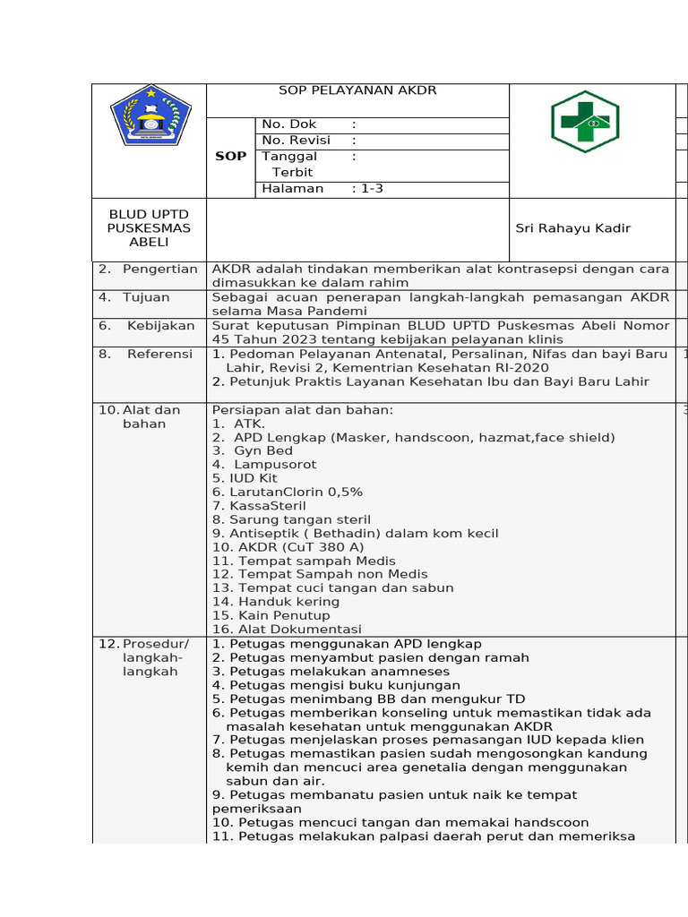 SOP Pemasangan AKDR di Puskesmas | PDF