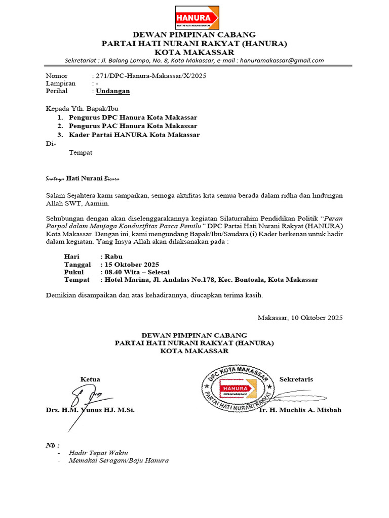 Undangan Silaturrahim Politik Hanura Makassar | PDF