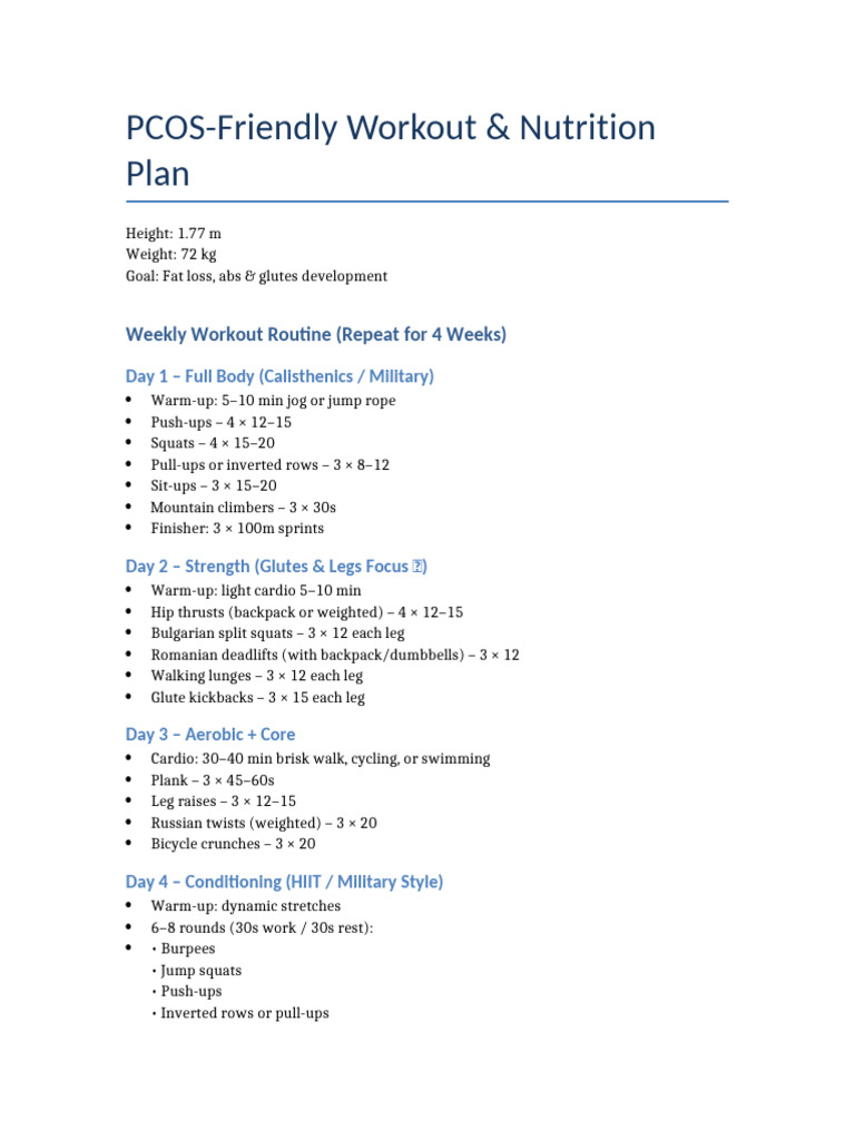 PCOS-Friendly Fat Loss Plan: Workouts & Meals | PDF | Lunch | Salad