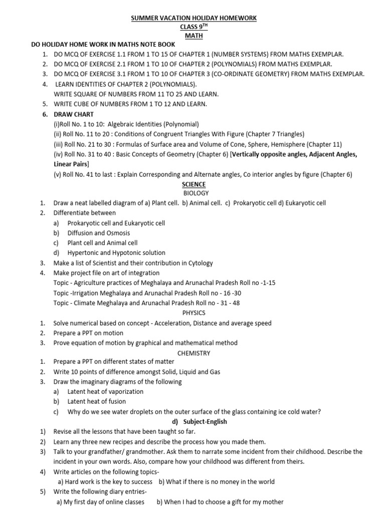 Class 9 - Final HHW - 1 | PDF