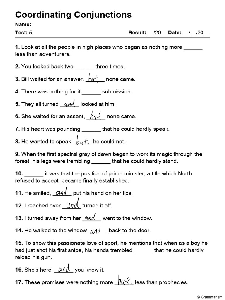 Grammarism Coordinating Conjunctions Test 5 1518947 | PDF