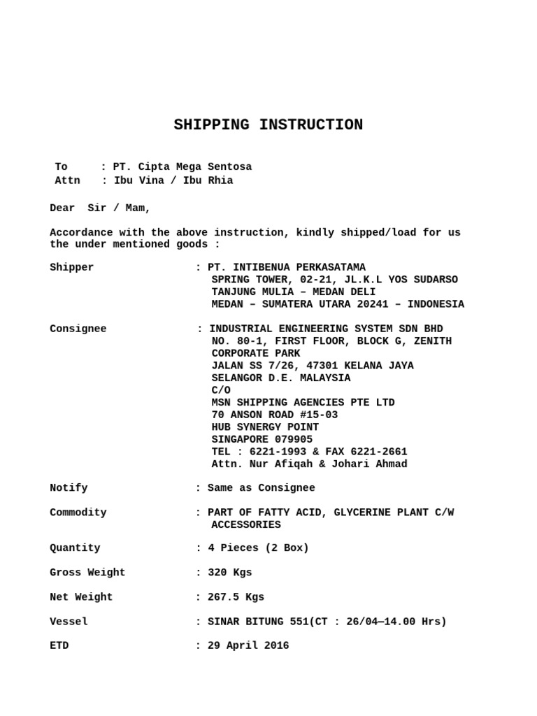 Shipping Instruction Ibp | PDF