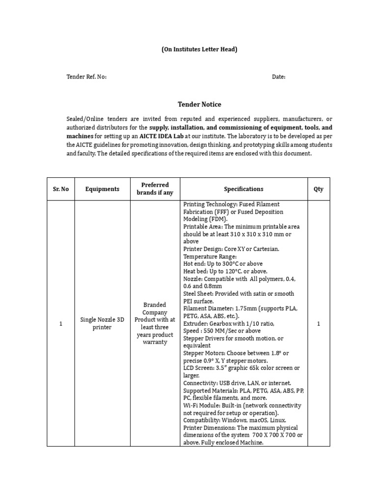AICTE IDEA Lab Equipment Tender Notice | PDF | Amplitude | Electrical ...