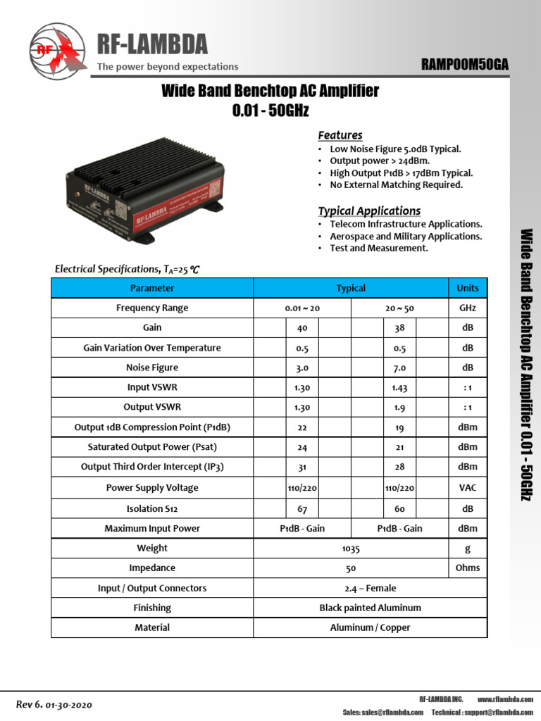 Rf-Lambda: Wide Band Benchtop Ac Amplifier 0.01 - 50Ghz | PDF ...