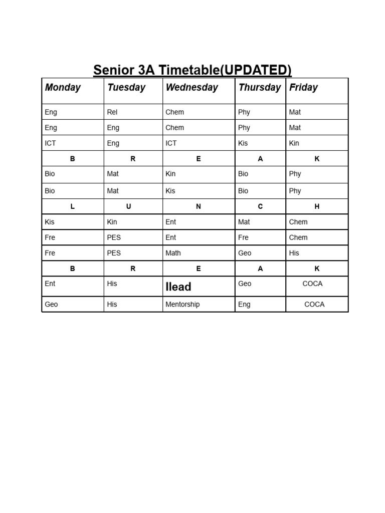 Senior 3A Timetable | PDF